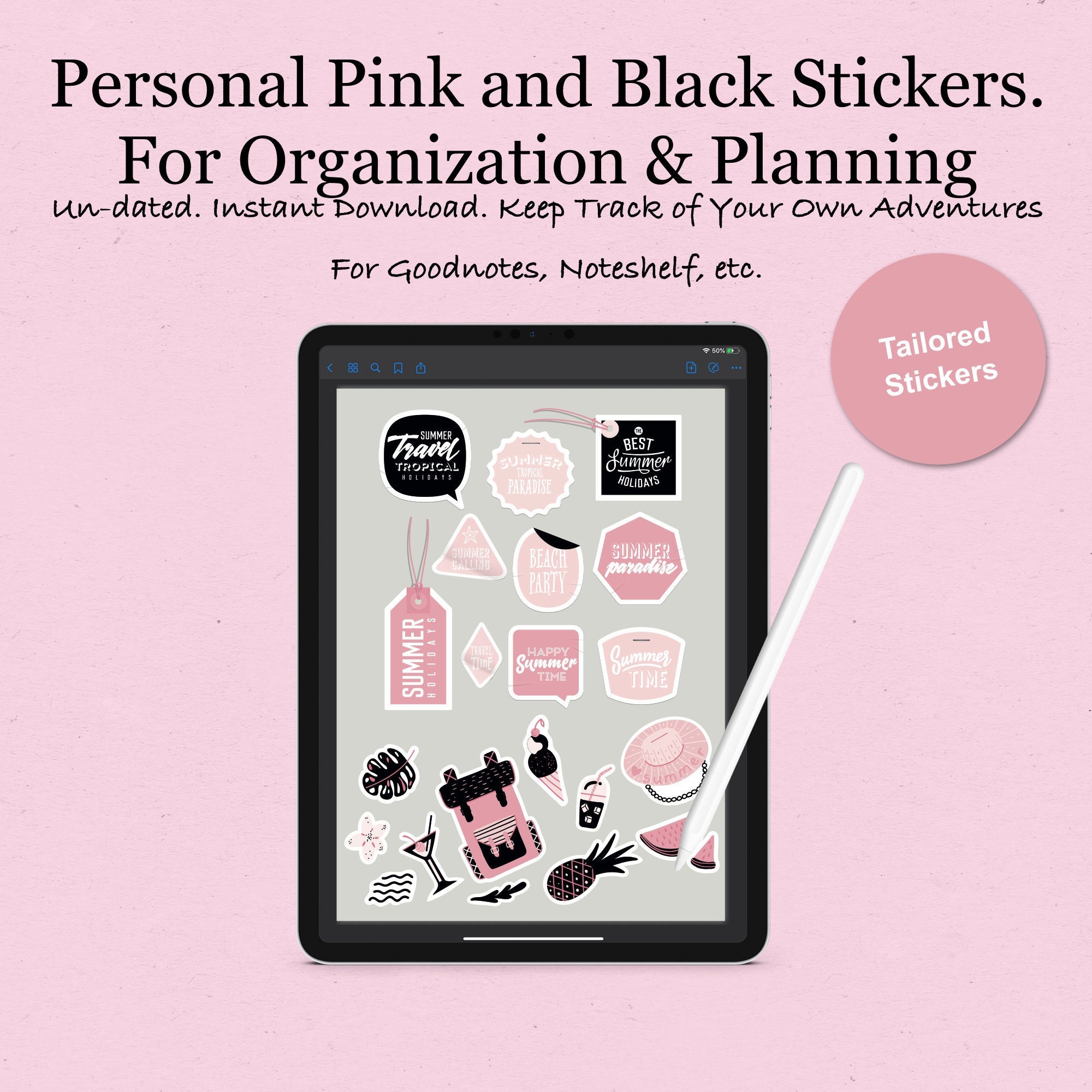 Pink and Black Stickers for Planner. Travel and Adventure Decorations ...