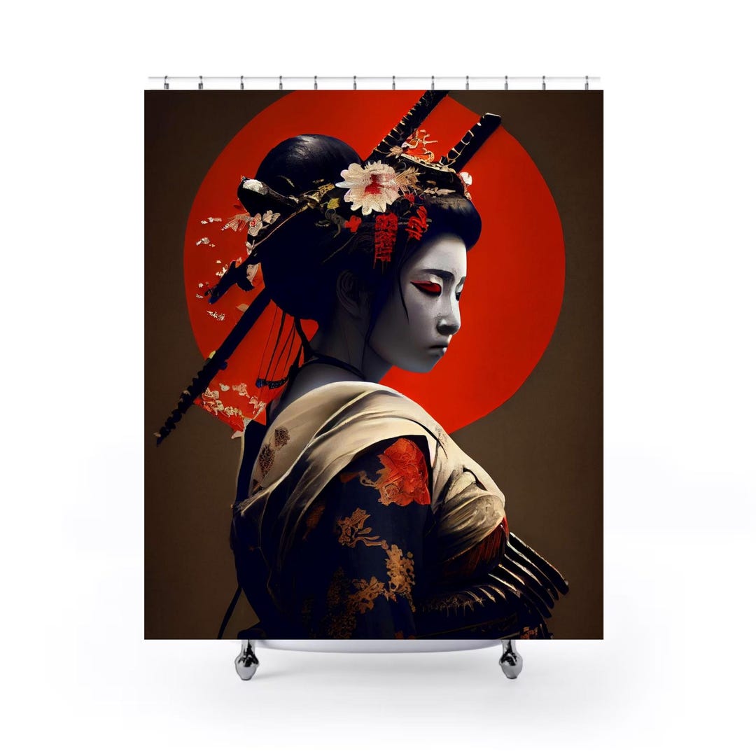 Geisha Shower Curtain | Katana Art | Red Sun Background | Japanese ...