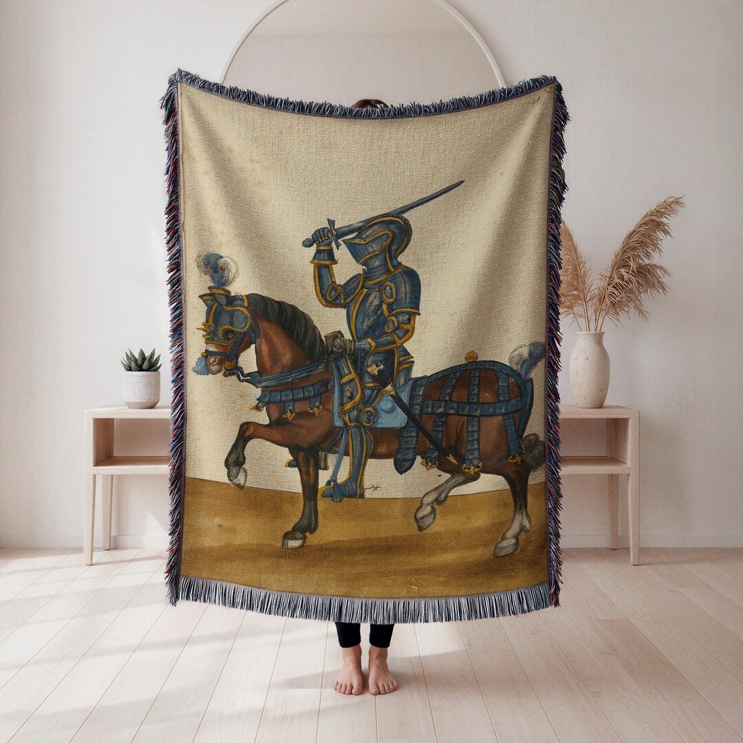 Knight on Horse Woven Blanket, Medieval Knight Tapestry Throw, Castle ...