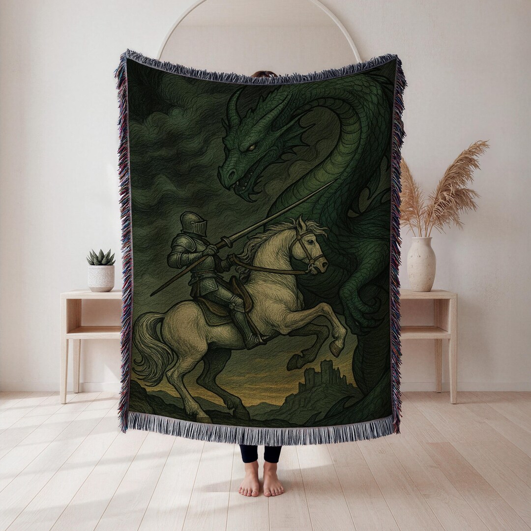 Medieval Fantasy Woven Blanket, Dragon and Warrior Design, Renaissance ...