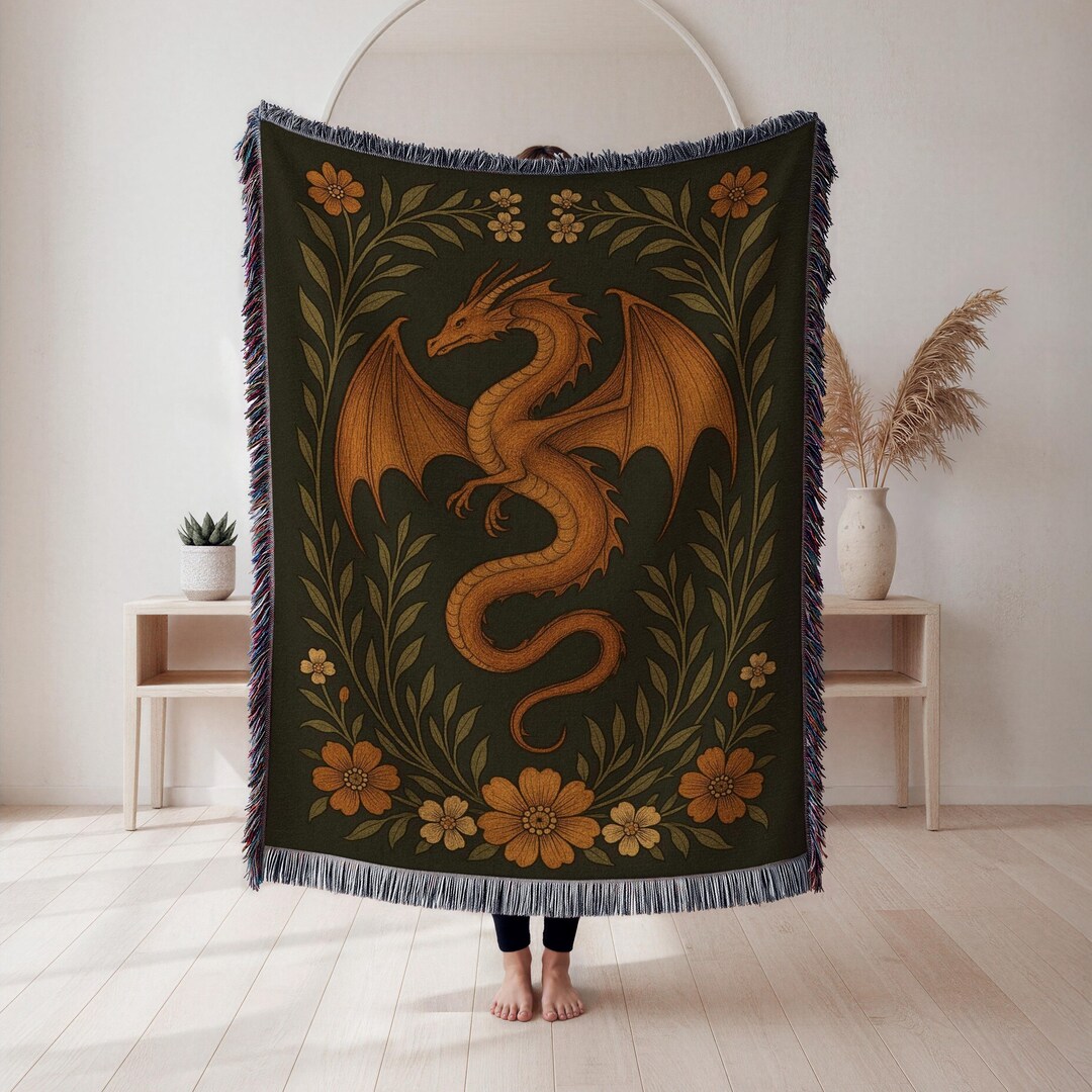 Mystical Medieval Woven Blanket, Gothic Fantasy Home Decor, Dragon ...