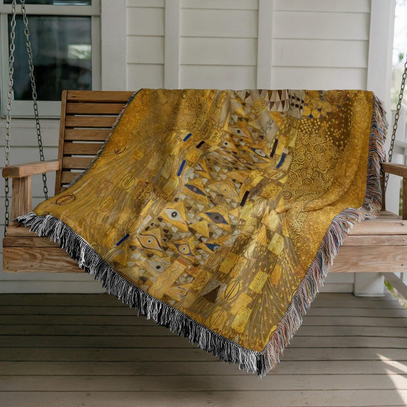 Gustav Klimt Woven Blanket, Gold Mosaic Art Nouveau Portrait Decor ...
