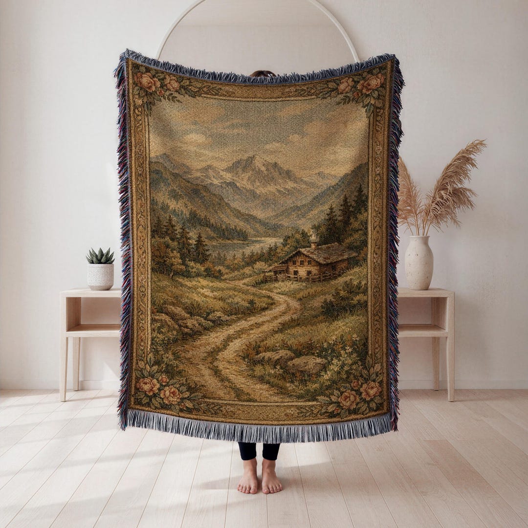 Mountain Cabin Landscape Woven Blanket, Rustic Mountain Tapestry Throw ...