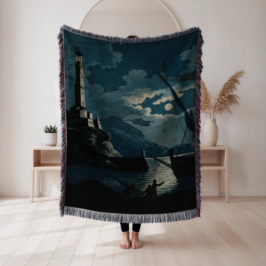 Moonlit Harbor Woven Blanket, Dramatic Coastal Night Tapestry Throw ...