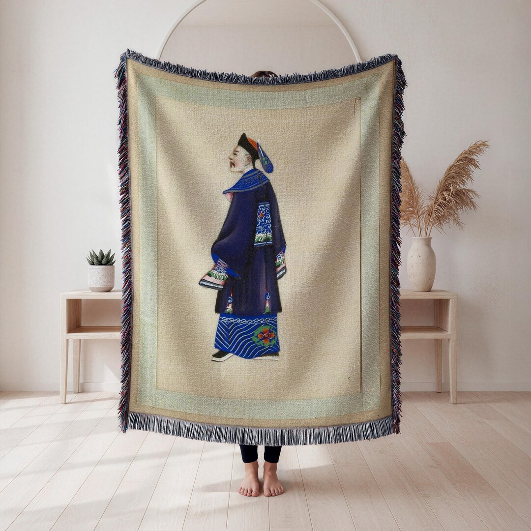 Chinese Mandarin Official Portrait Woven Blanket, Vintage Oriental Art ...