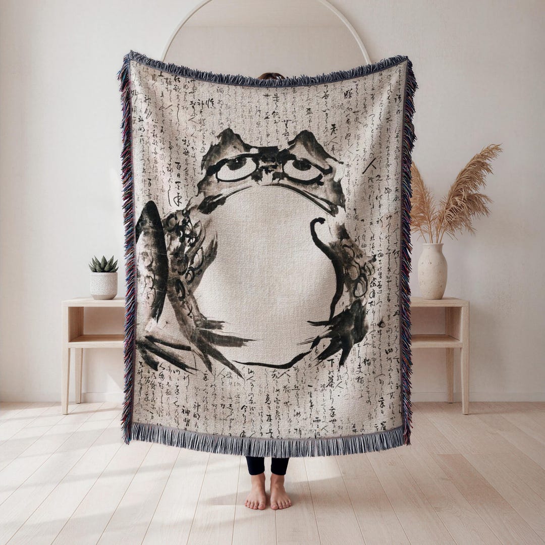 Frog Woven Blanket, Japanese Ink Brush Calligraphy Art, Cozy Home Décor ...