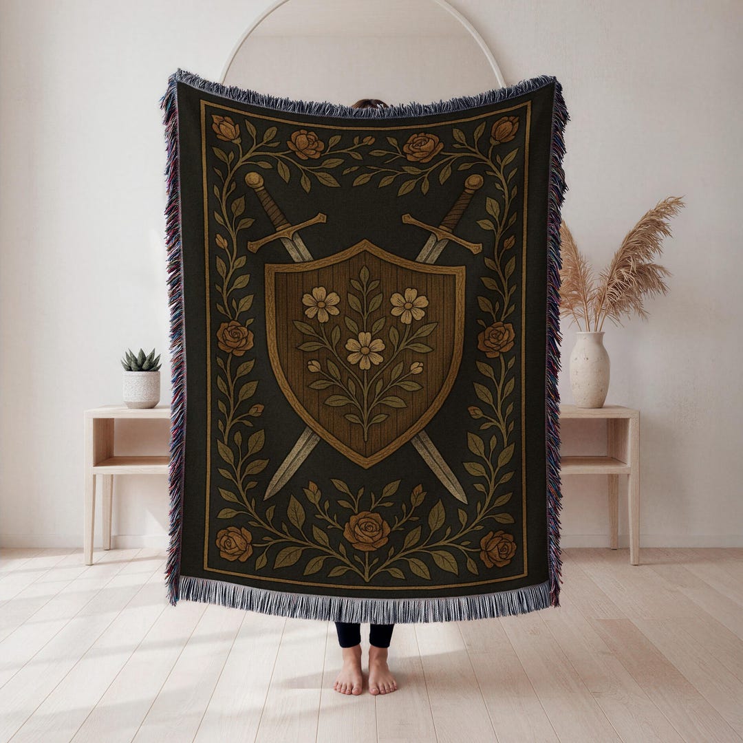 Medieval Crossed Swords Gothic Floral Tapestry Woven Throw Blanket ...