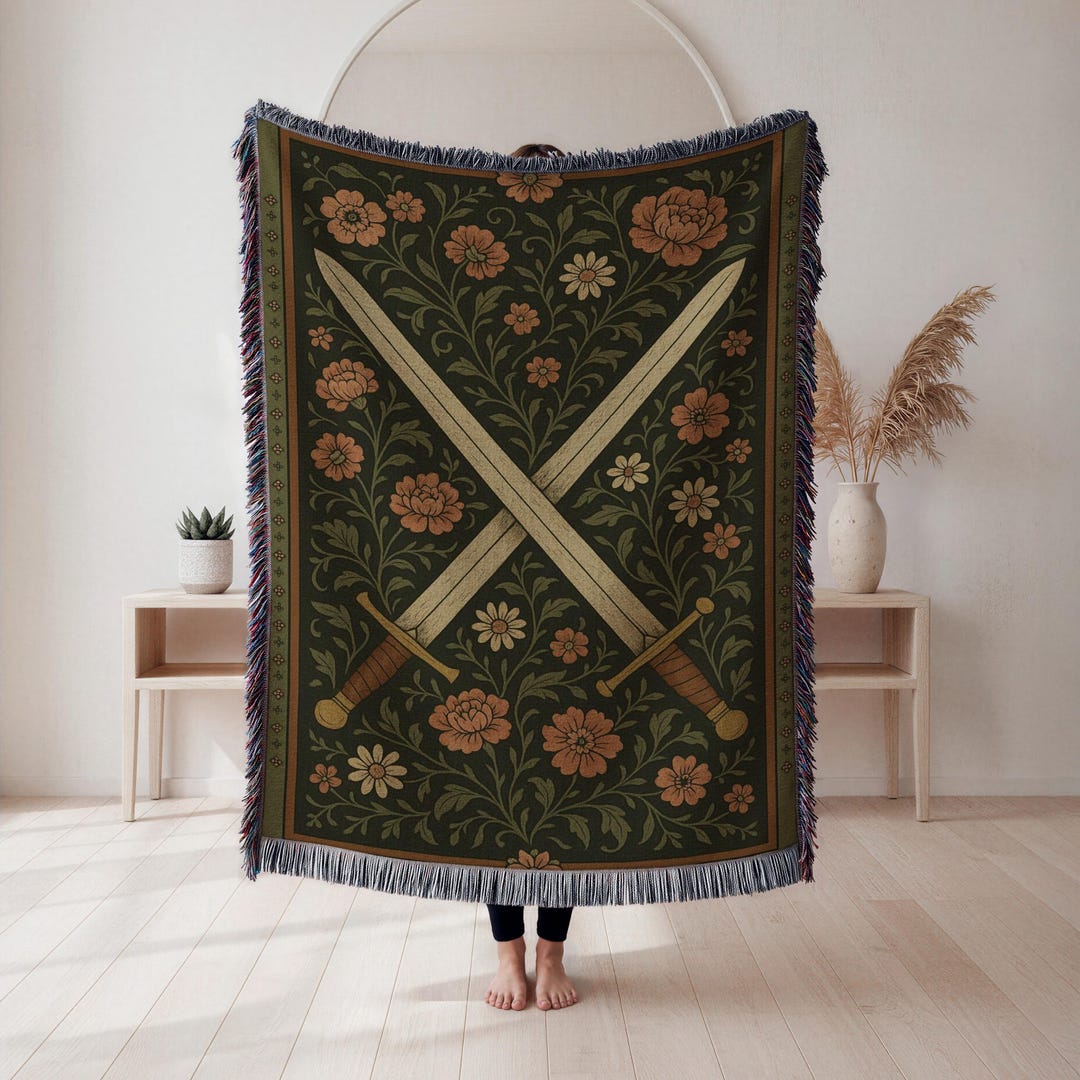 Medieval Fantasy Woven Blanket, Gothic Floral Wall Art, Warrior Themed ...
