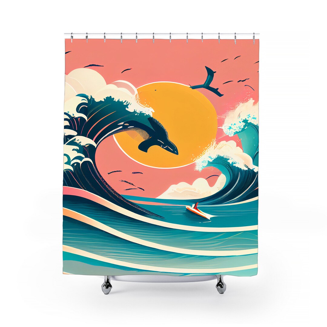 Surf Shower Curtain | Wave Shower Curtain | Surf Bathroom Decor | Retro ...