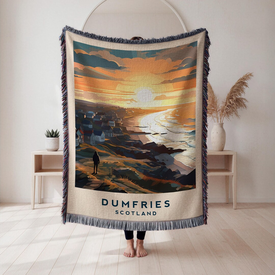 Dumfries Scotland Woven Blanket, Poster Style Coastal Tapestry Throw ...
