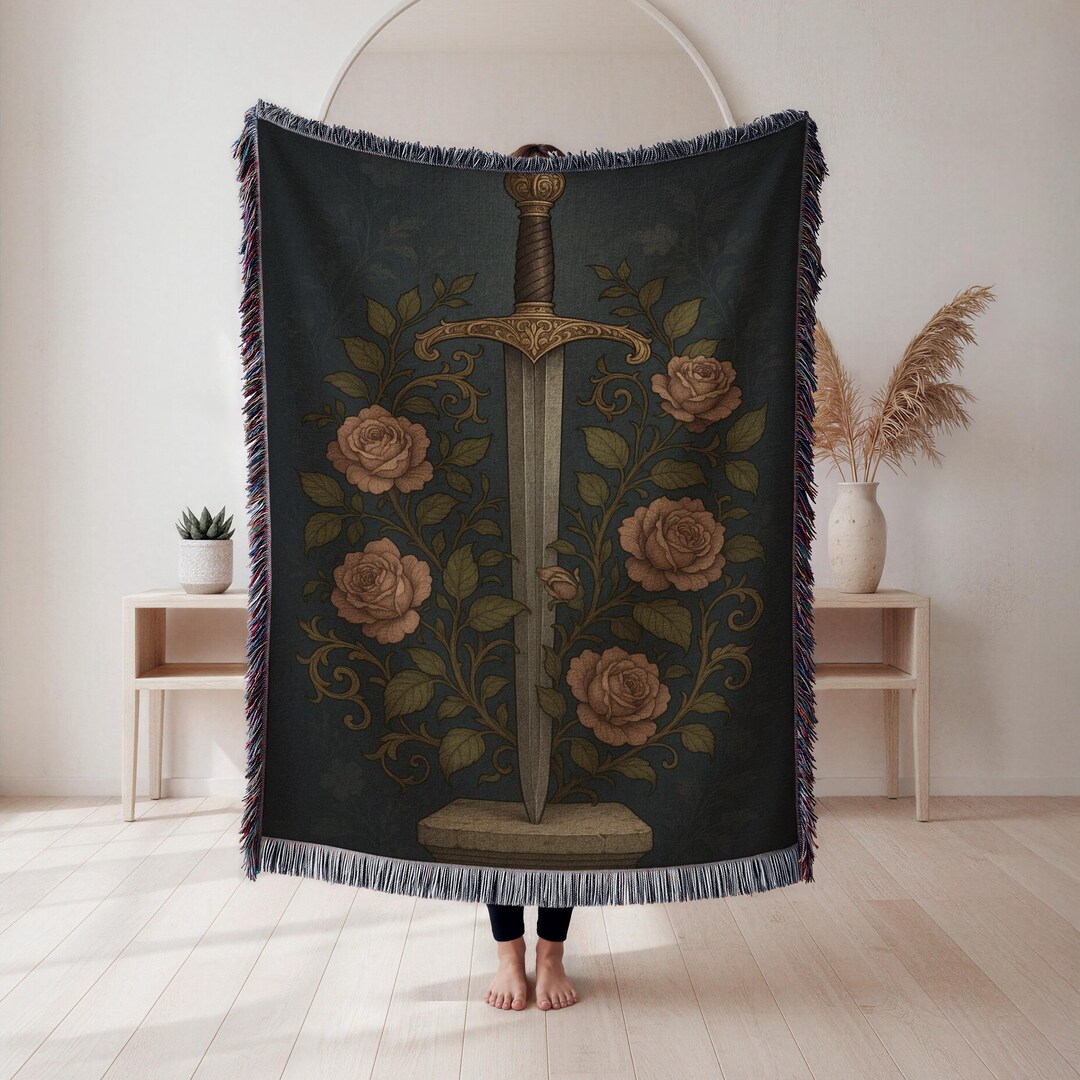 Medieval Mythology Woven Blanket, King Arthur and Sword Design, Gothic ...
