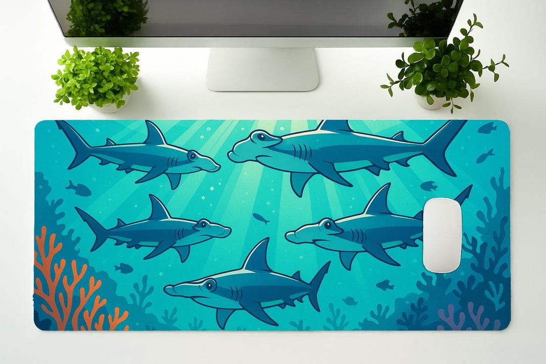 Cartoon Shark Desk Mat, Cute Hammerhead Sharks Swimming in Ocean Scene ...