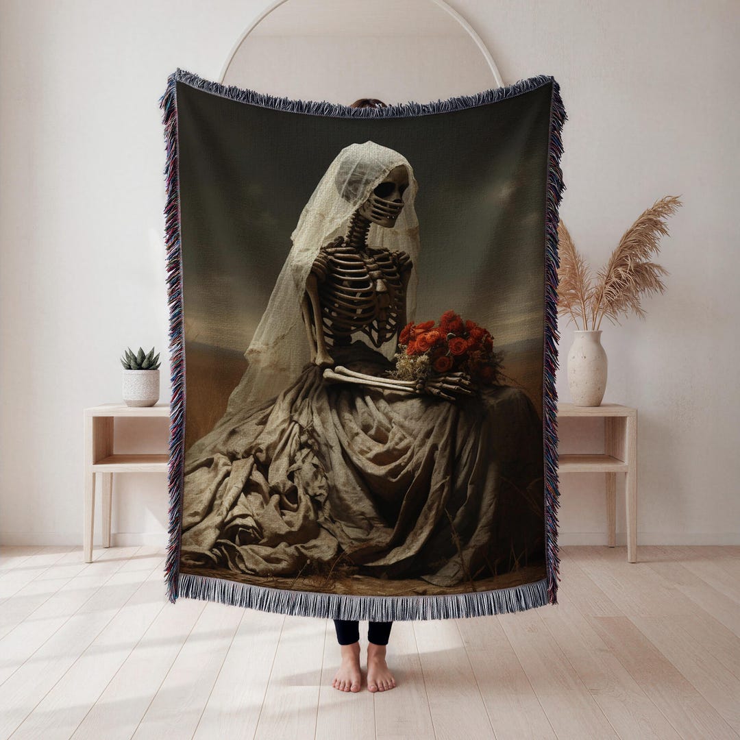 Skeleton Bride Woven Blanket, Dark Macabre Tapestry Throw, Horror Home ...