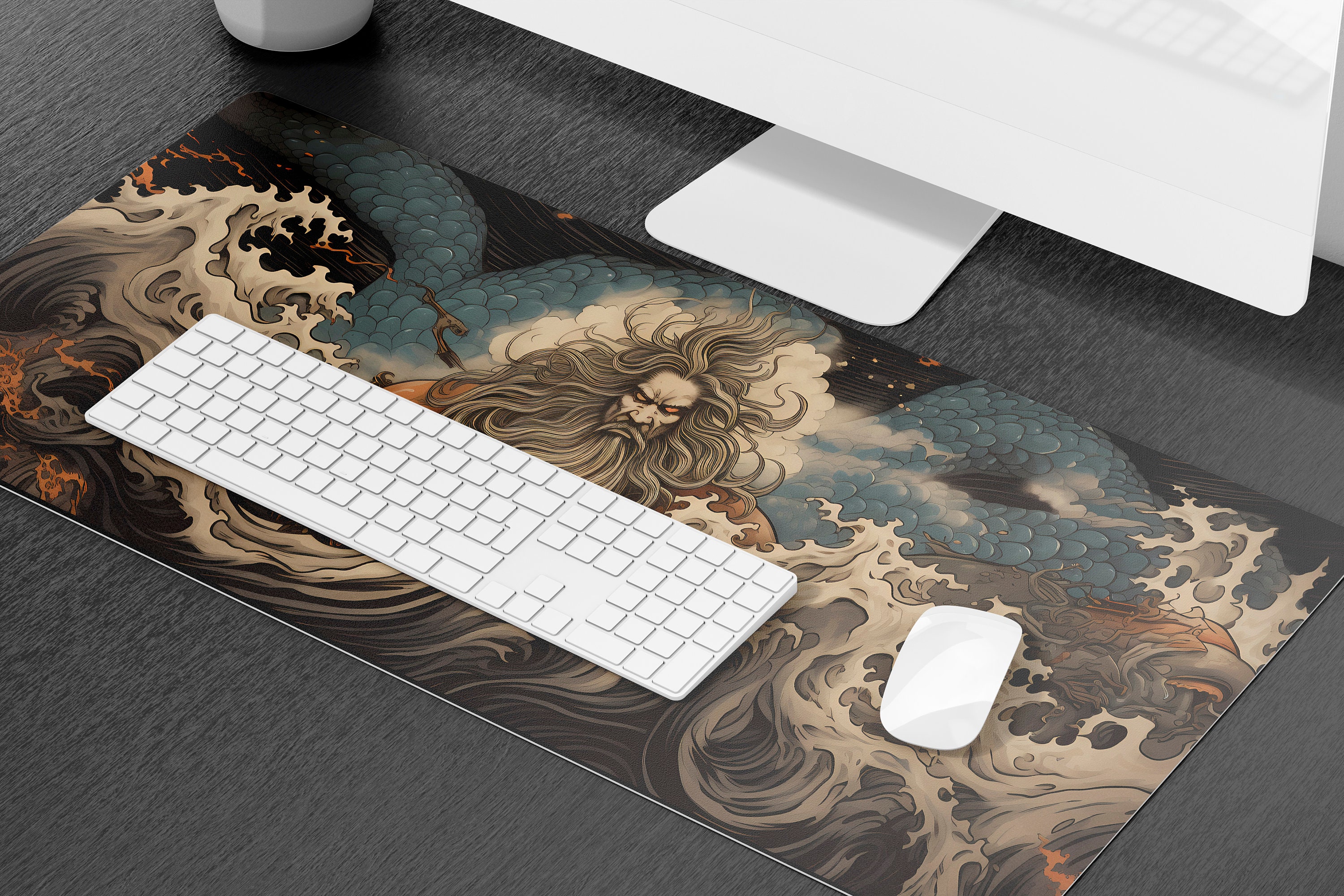 Poseidon Desk Mat Japanese Mousepad Black and White, Japanese Aesthetic ...