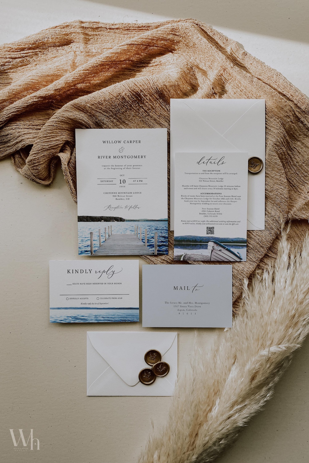 Lake Wedding Invitation Template Suite, Editable Boating Wedding Invite ...