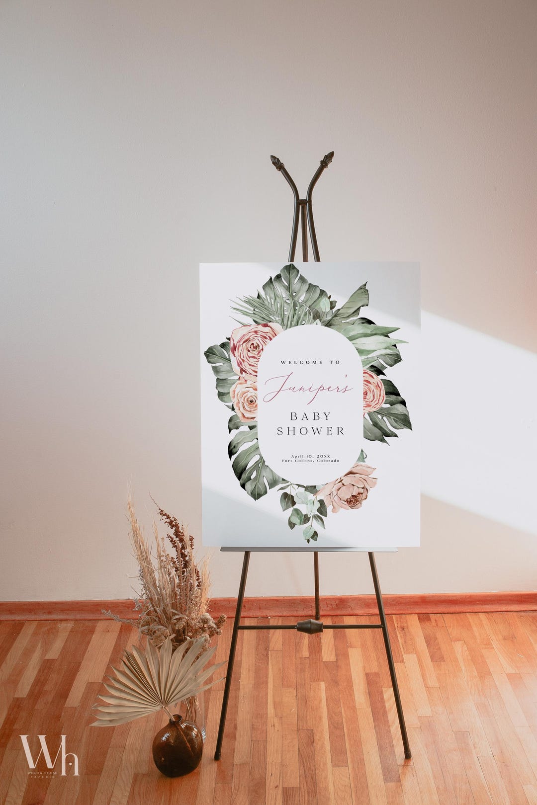 ROWE Flower Baby Shower Sign Template, Boho Rose Baby Shower Welcome ...