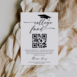 Editable Modern College Fund Card Template, DIY Grad Party QR Code ...
