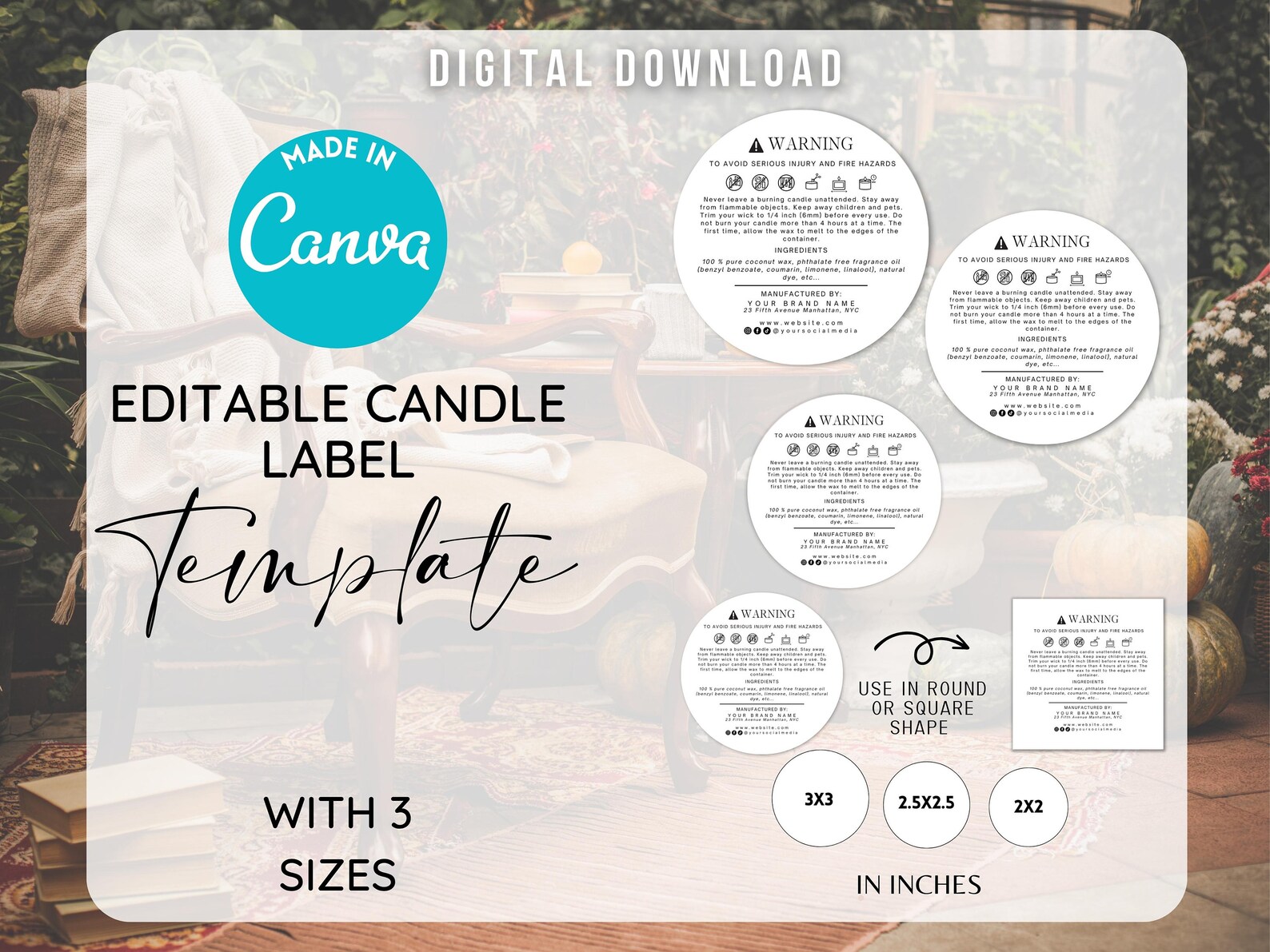Editable Candle Warning Label Template, DIY Round Candle Safety Label ...
