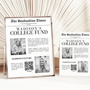 Editable Newspaper College Fund Sign Template, DIY Grad Party QR Code ...