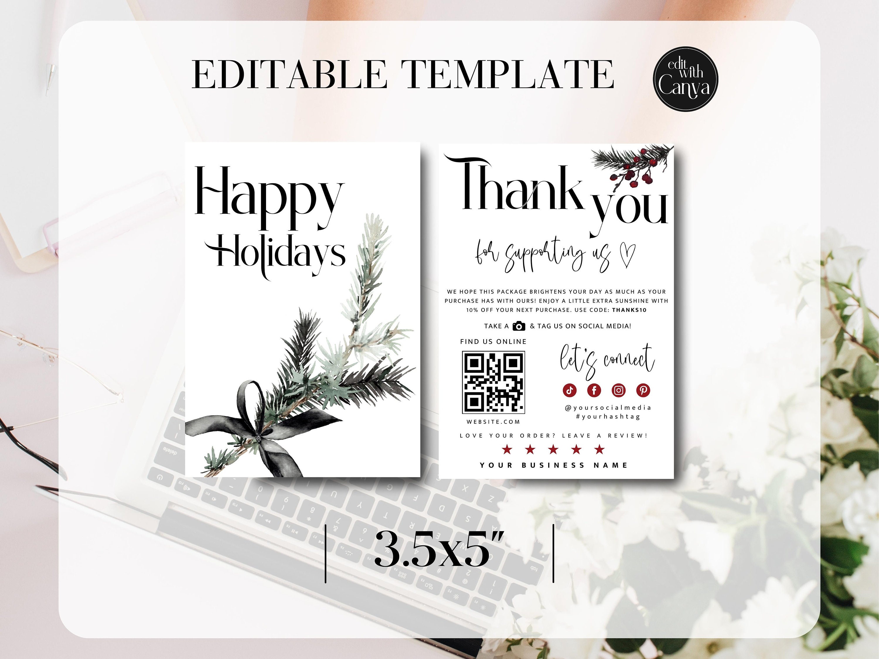 Editable Christmas Thank You Card, Customizable Thanks Note, DIY Winter ...