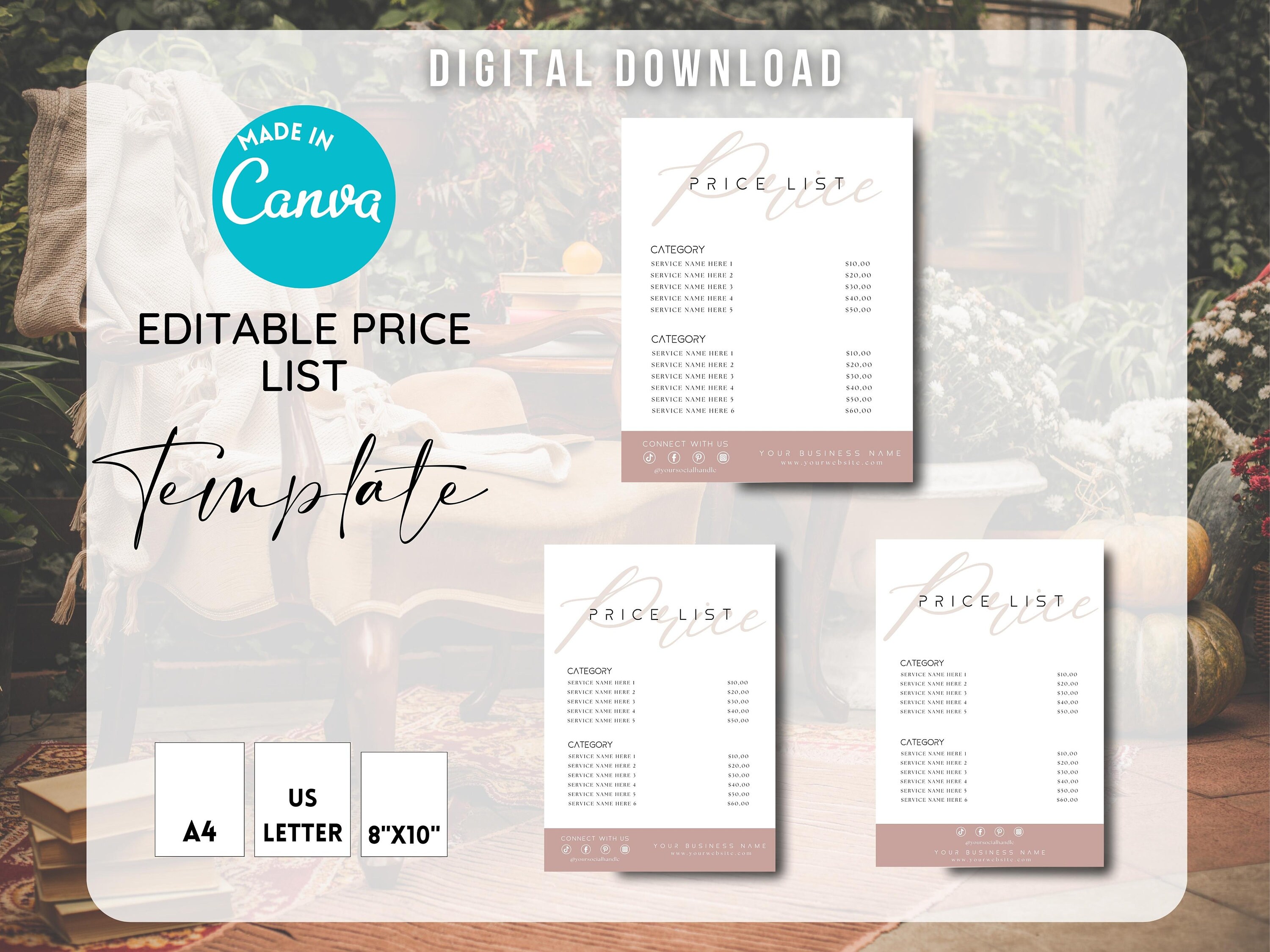 Editable Elegant Vendor Price List, DIY Printable Salon Price Sheet ...
