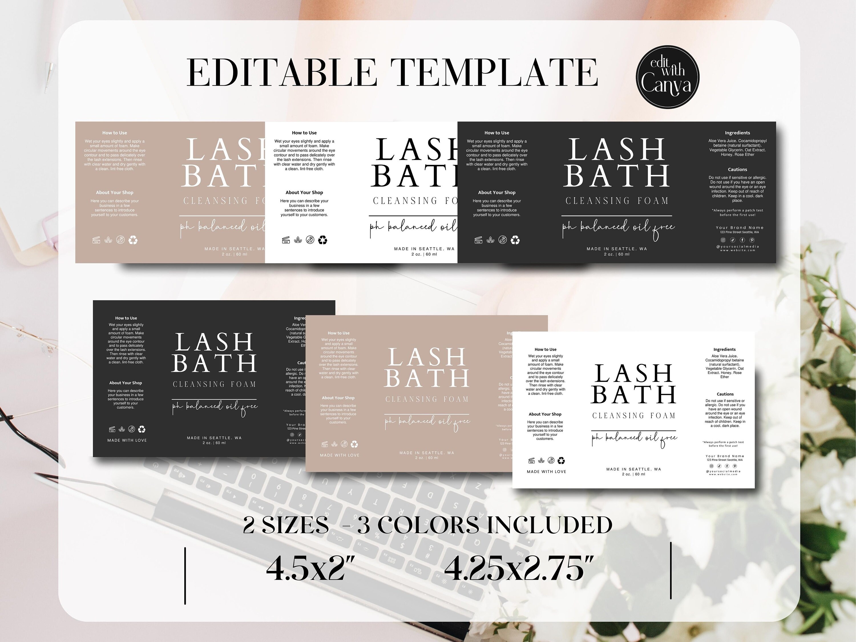 Editable Lash Bath Label Template, DIY Wrap Eyelash Cleanser Foam Label ...