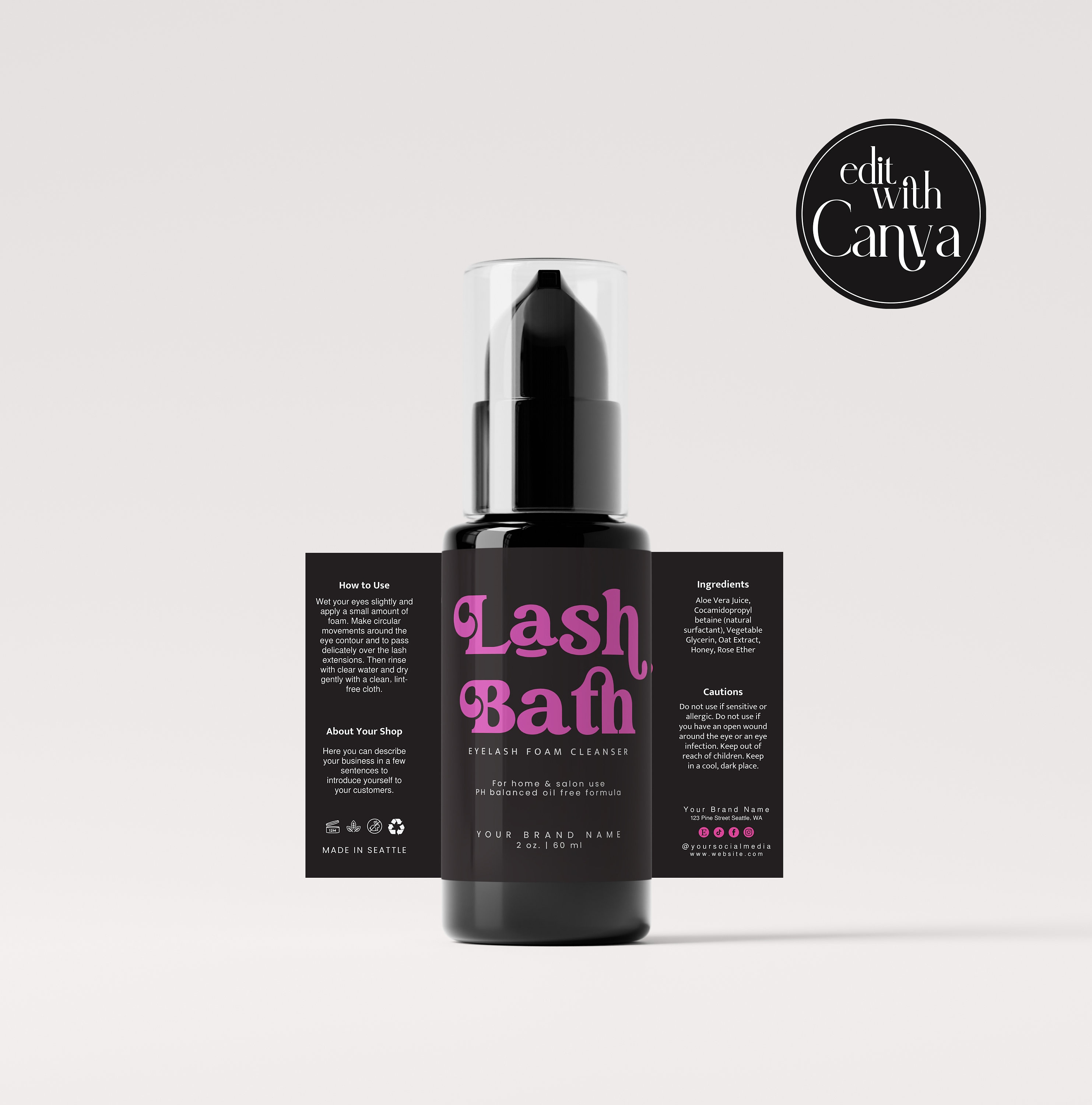 Editable Lash Bath Label Template, DIY Wrap Eyelash Cleanser Foam Label ...