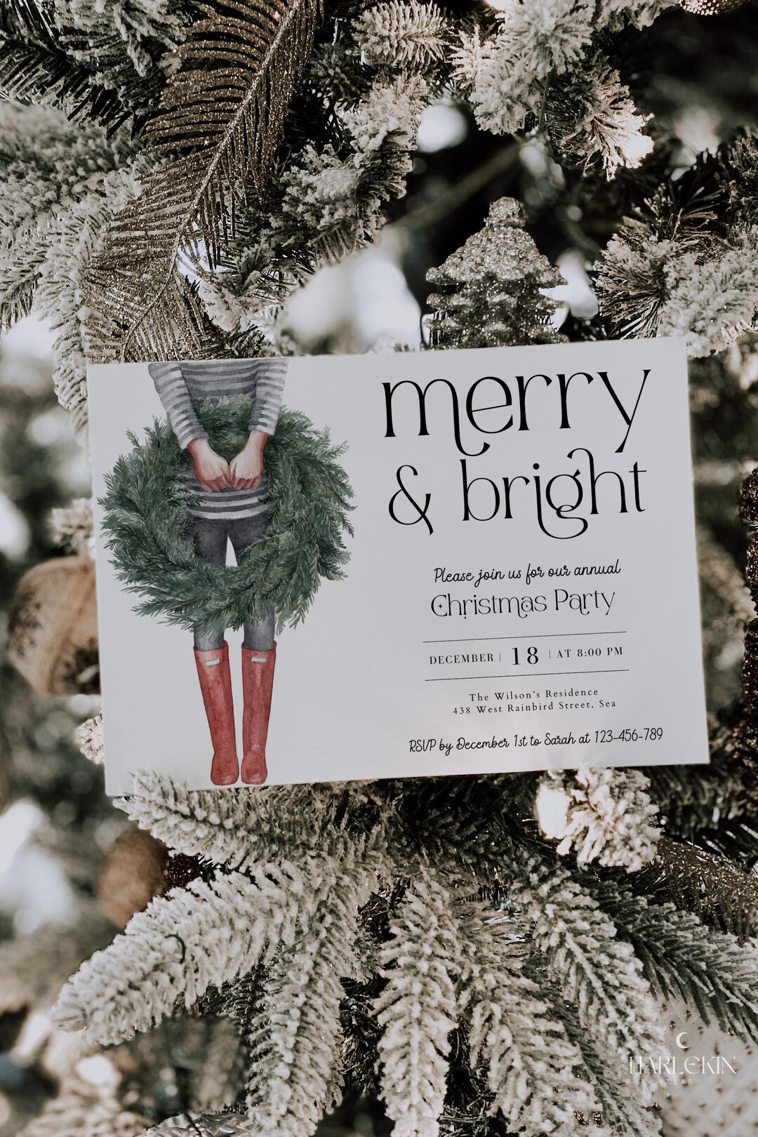 Boho Christmas Party Invitation Template, Printable Holiday Party Card ...