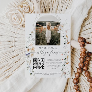 Editable Modern College Fund Card Template, DIY Photo Grad Party QR ...