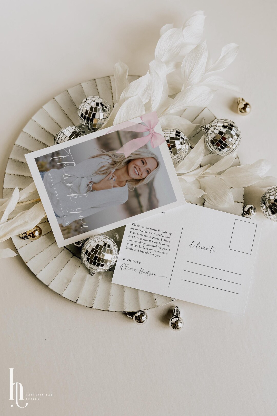 ZARA Modern Graduation Pink Bow Thank You Postcard, Photo High School ...