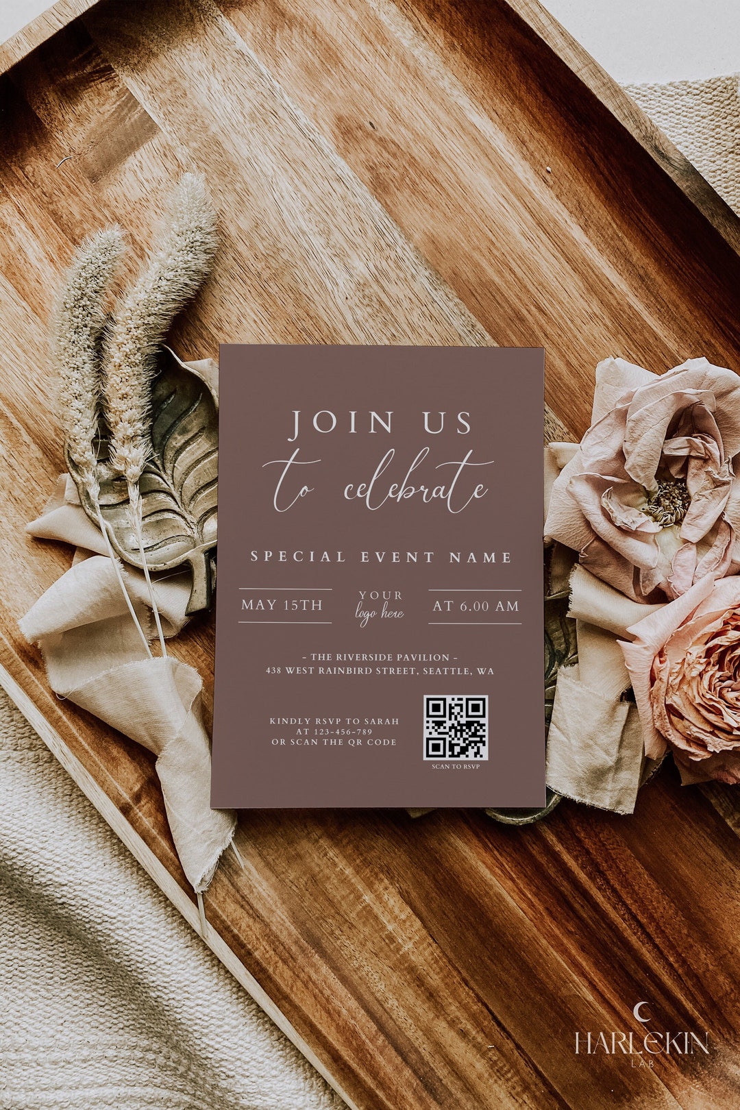 Boho Business Invitation Template, DIY QR Code Special Event Invitation ...