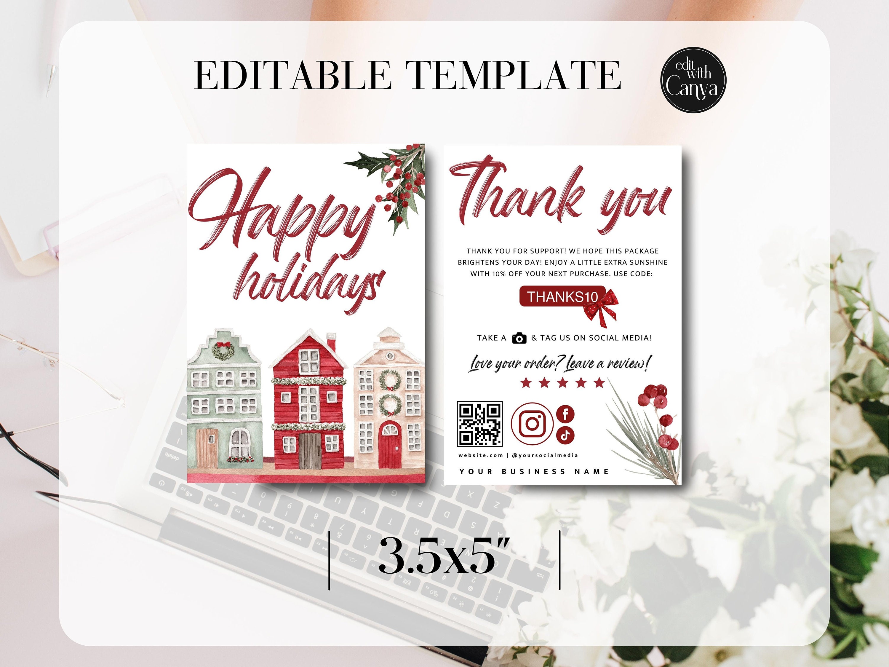 Editable Christmas Thank You Card, Customizable Thanks Note, DIY Winter ...