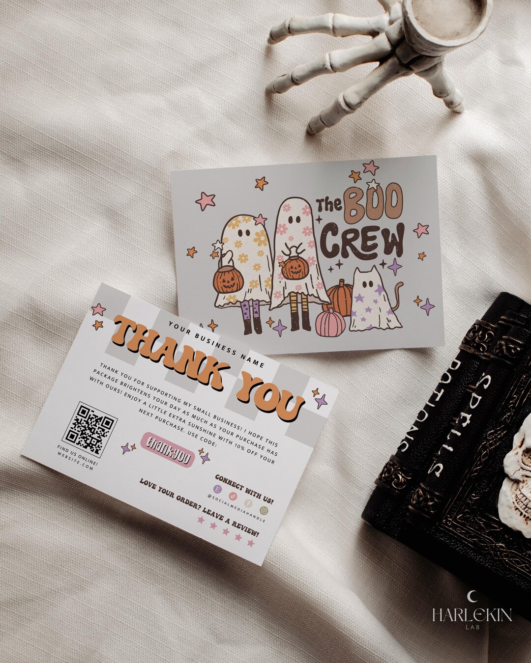 Halloween Ghost Business Thank You Card, Groovy Thanks Note, Boho QR ...