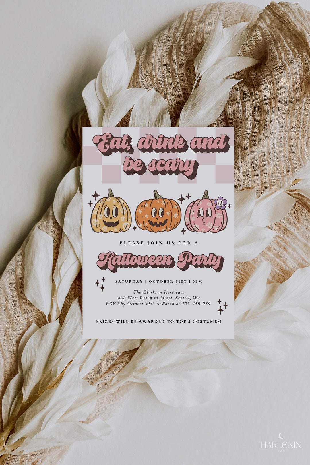 Editable Halloween Party Invitation, Retro Pumpkin Costume Party Invite ...