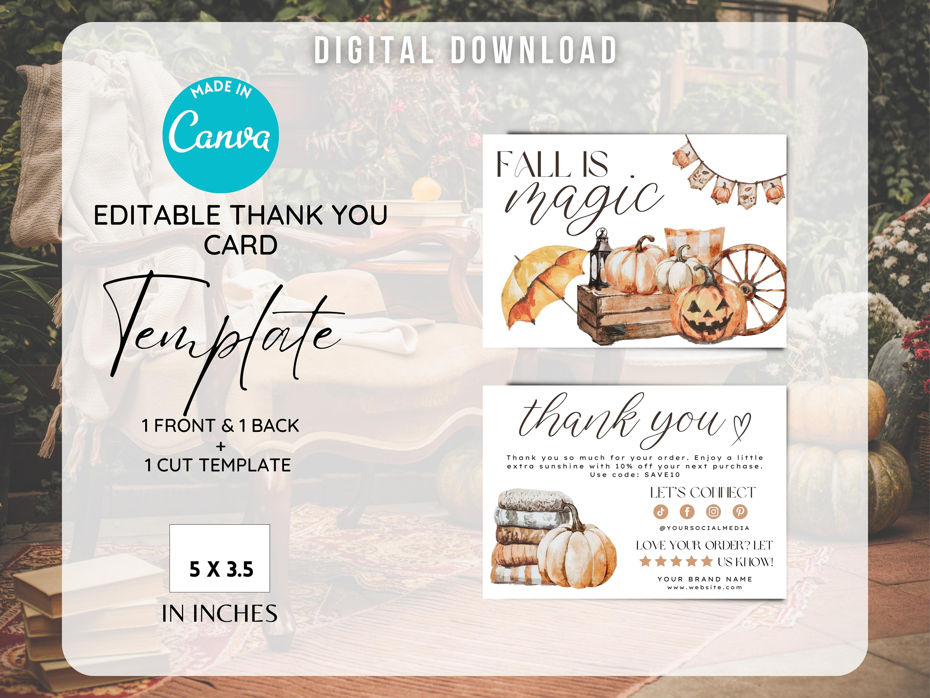 Editable Autumn Thank You Card, Customizable Fall Thanks Note, Modern ...