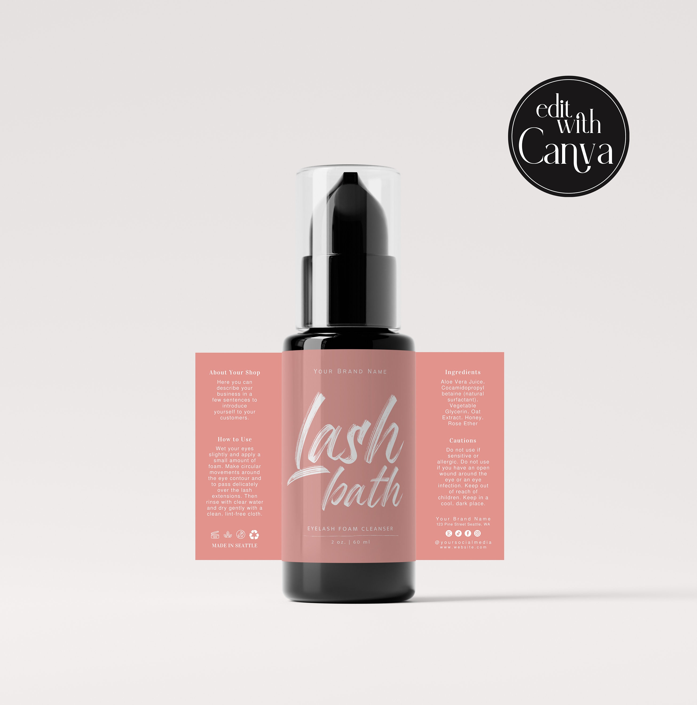 Editable Lash Bath Label Template, DIY Wrap Eyelash Cleanser Foam Label ...