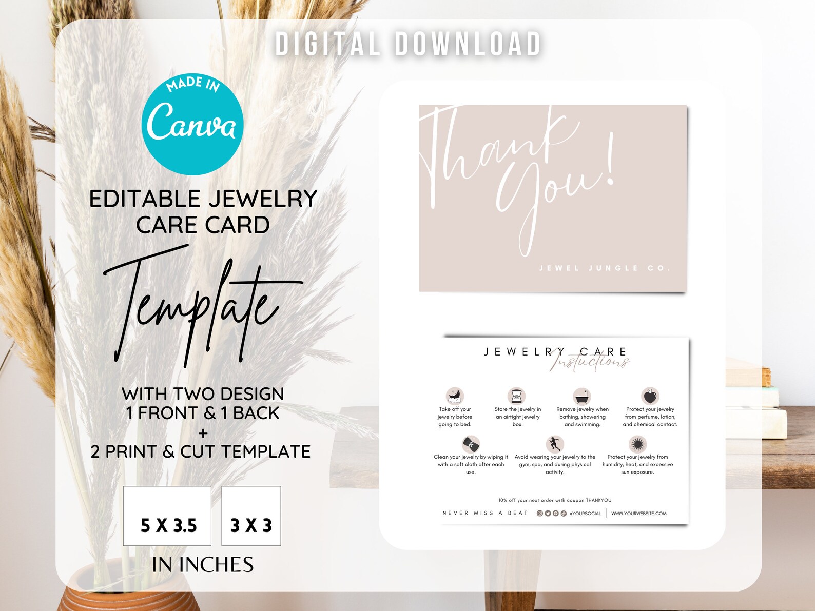 Editable Jewellry Care Card Template, Custom Business Thank You ...