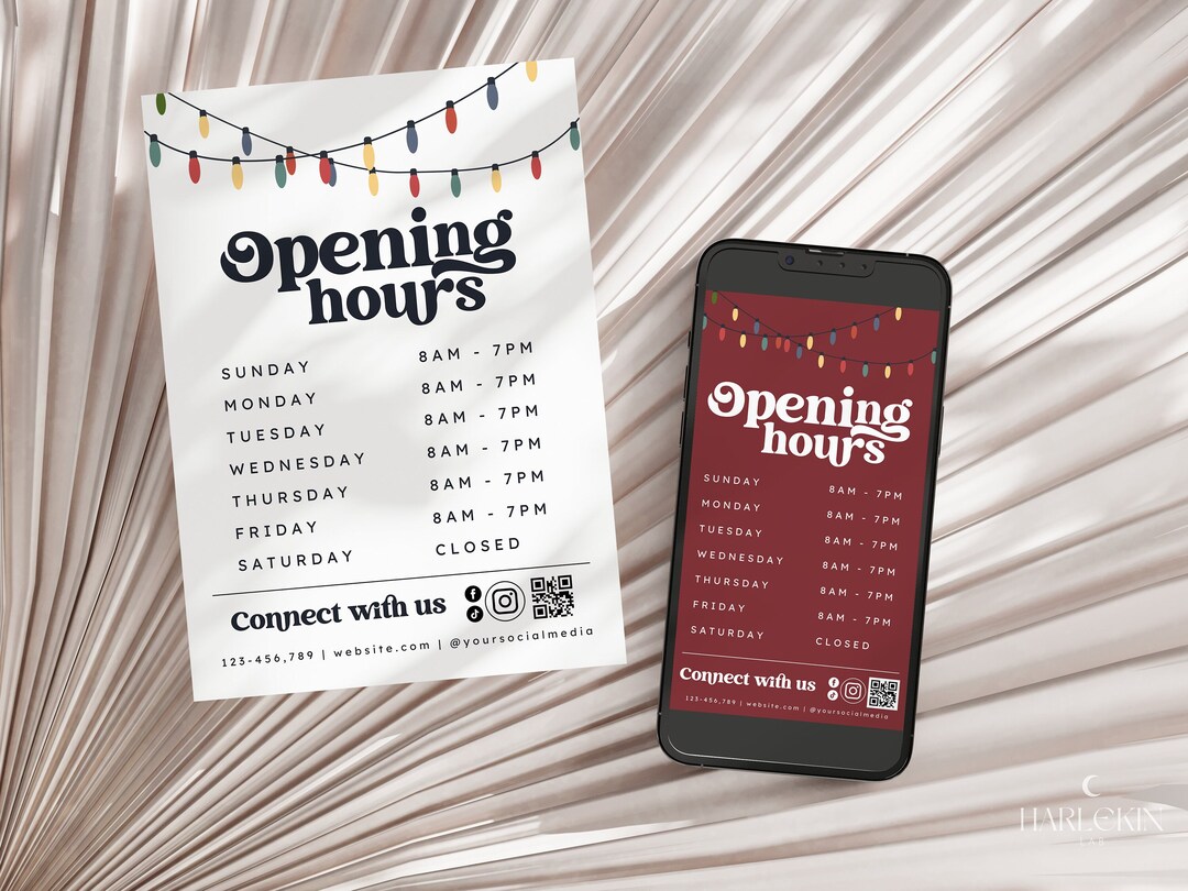 Editable Holiday Business Hours Sign, DIY Christmas Store Opening Hours ...