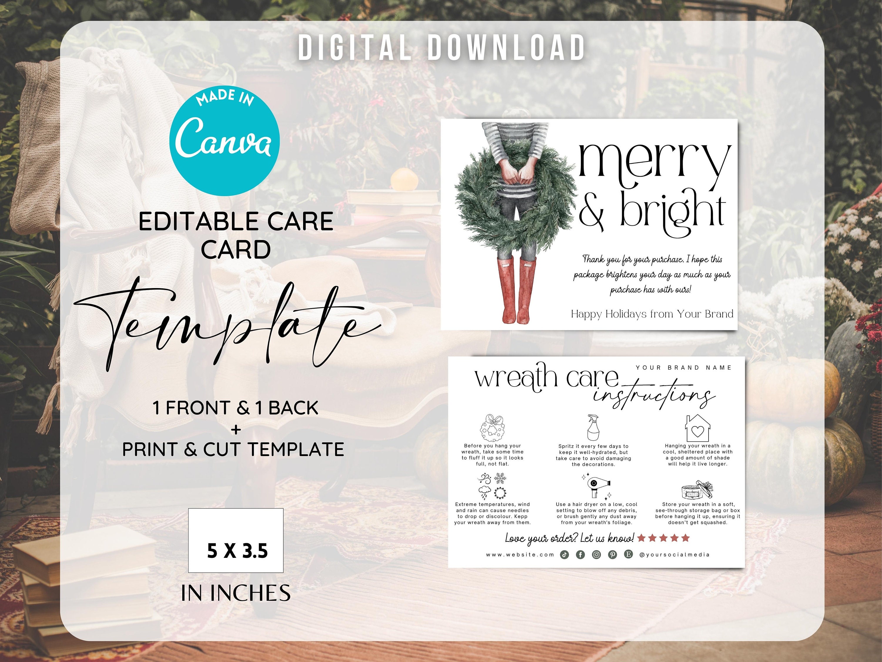 Editable Wreath Care Card Template, Artificial Holiday Wreaths Care ...