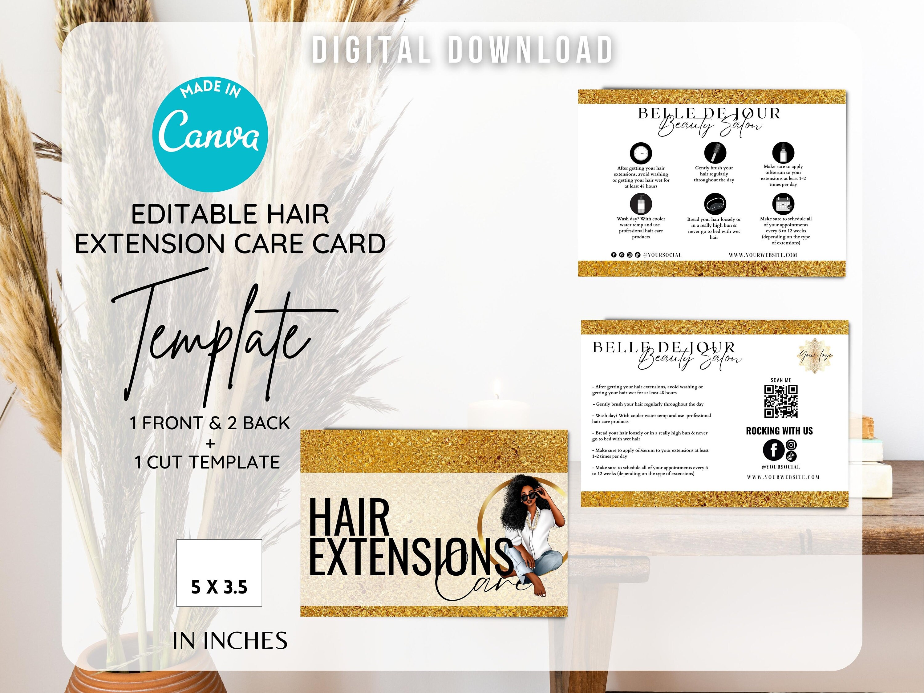 Hair Extension Aftercare Card Template, Editable Luxe Gold Care Card ...