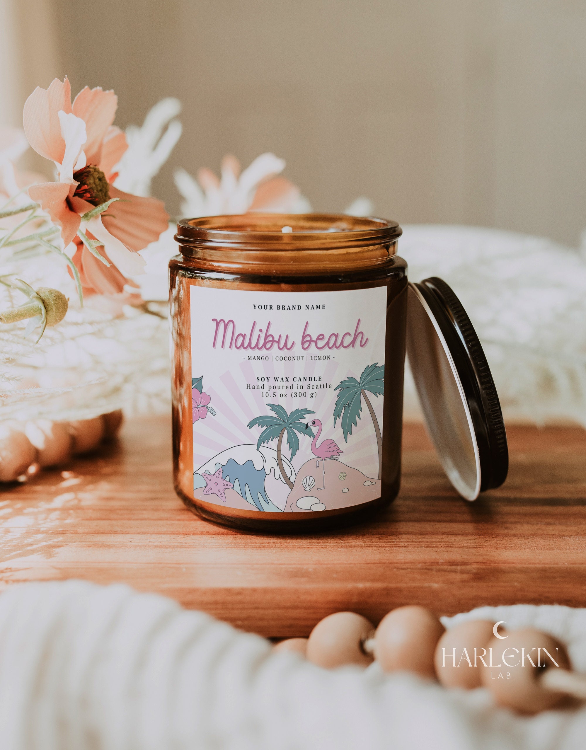 Editable Malibu Beach Candle Label, DIY Flamingo Business Sticker ...