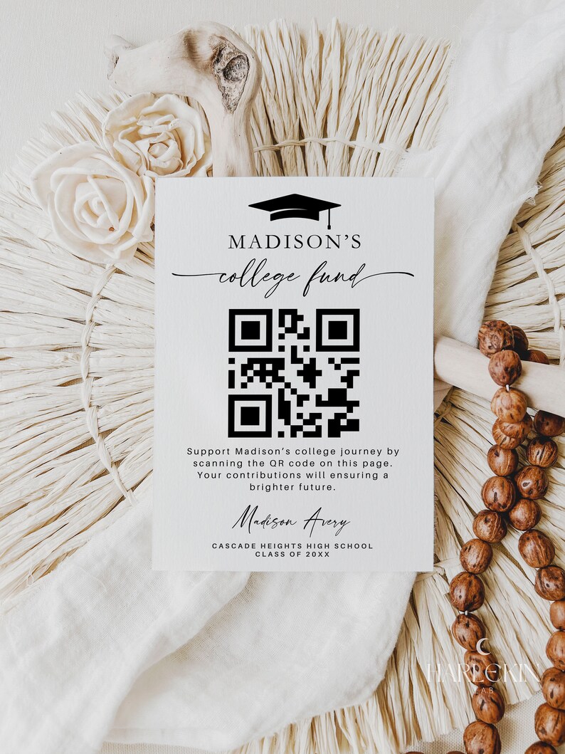 Editable Modern College Fund Card Template, DIY Grad Party QR Code ...
