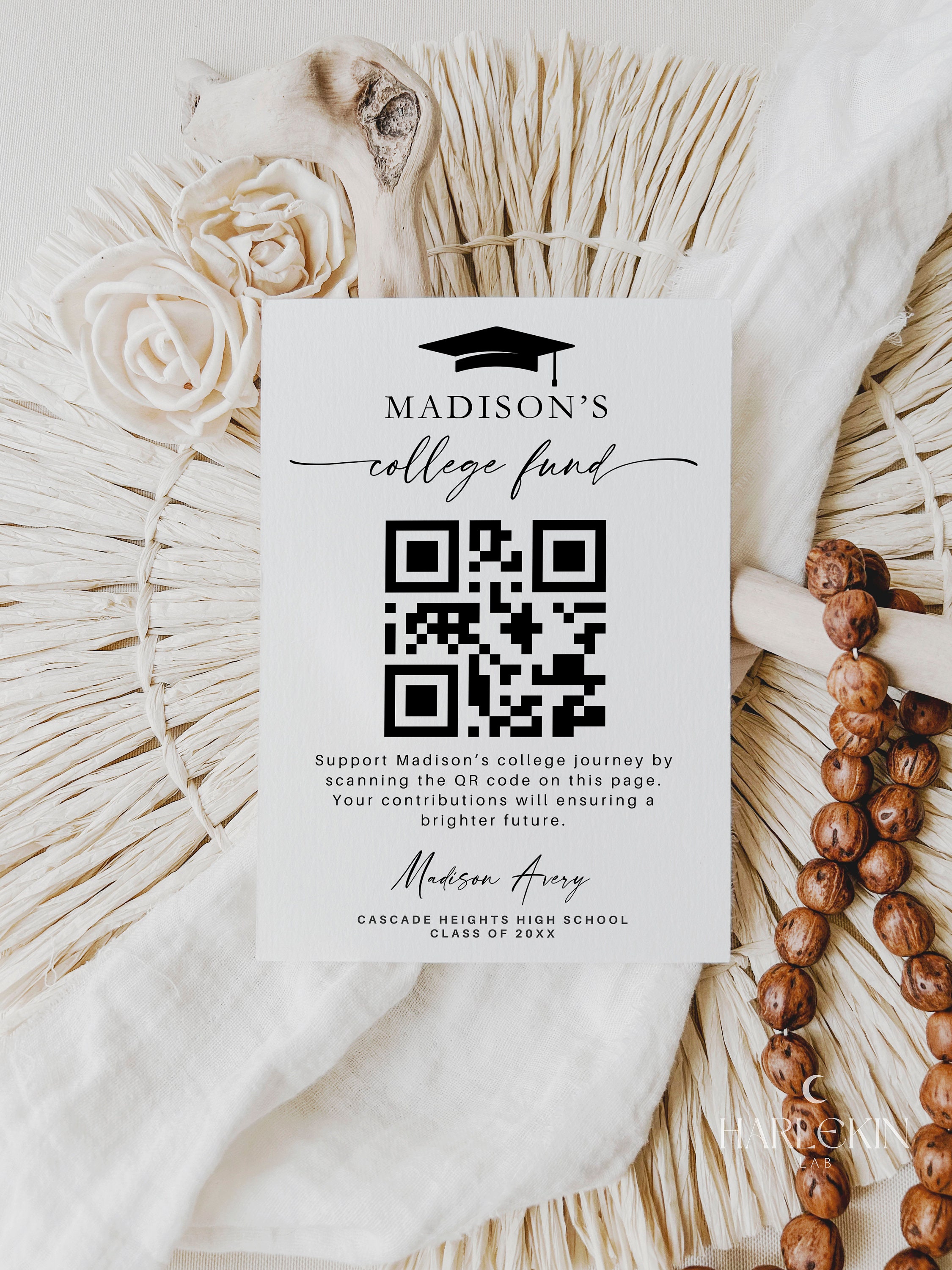 Editable Modern College Fund Card Template, DIY Grad Party QR Code ...