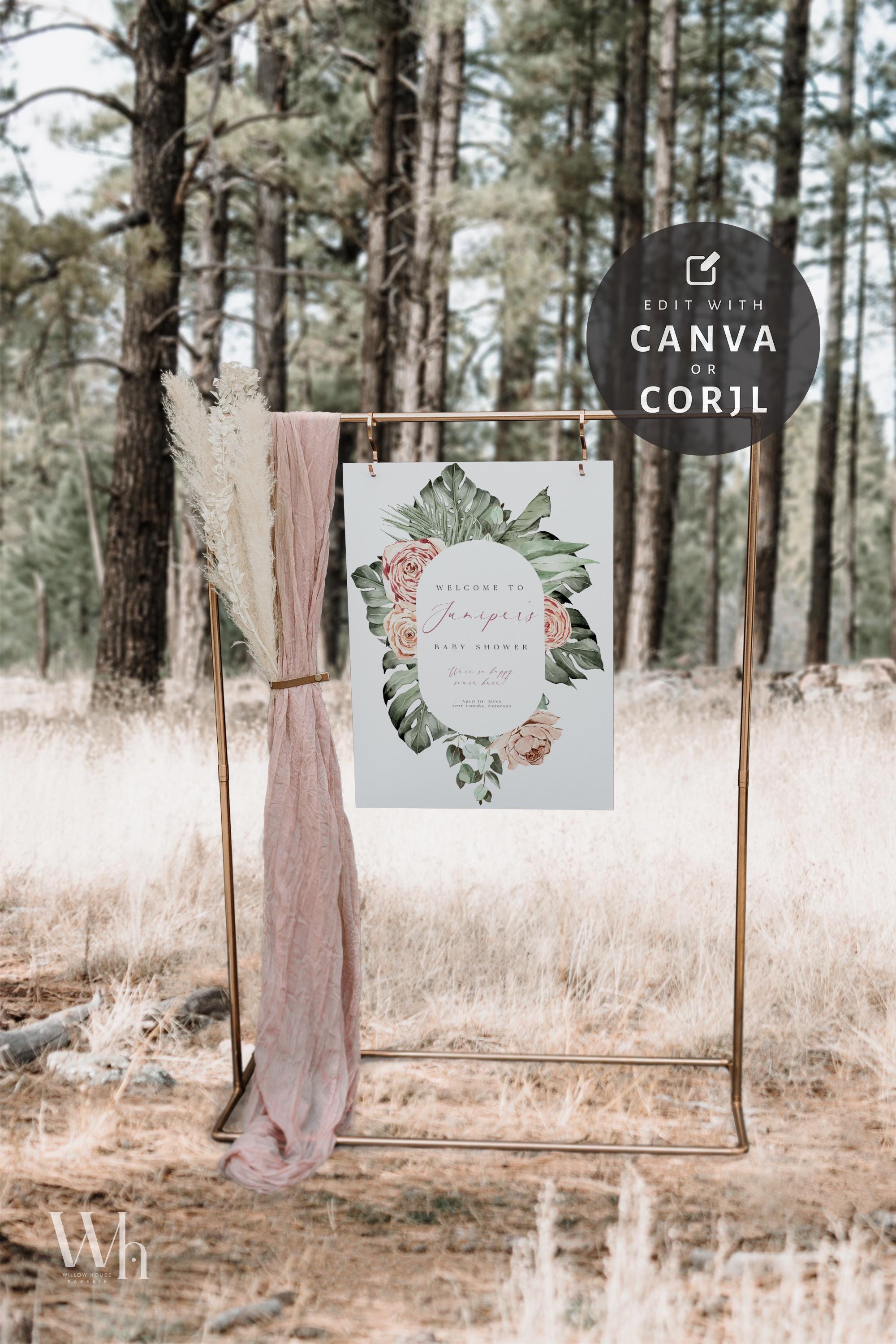 ROWE Flower Baby Shower Sign Template, Boho Rose Baby Shower Welcome ...