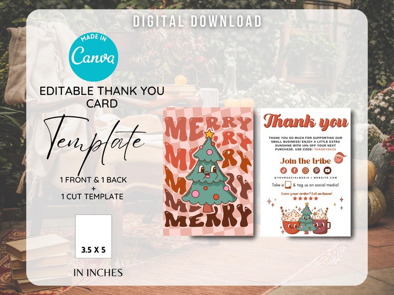 Editable Retro Christmas Thank You Card, Customizable Thanks Note ...