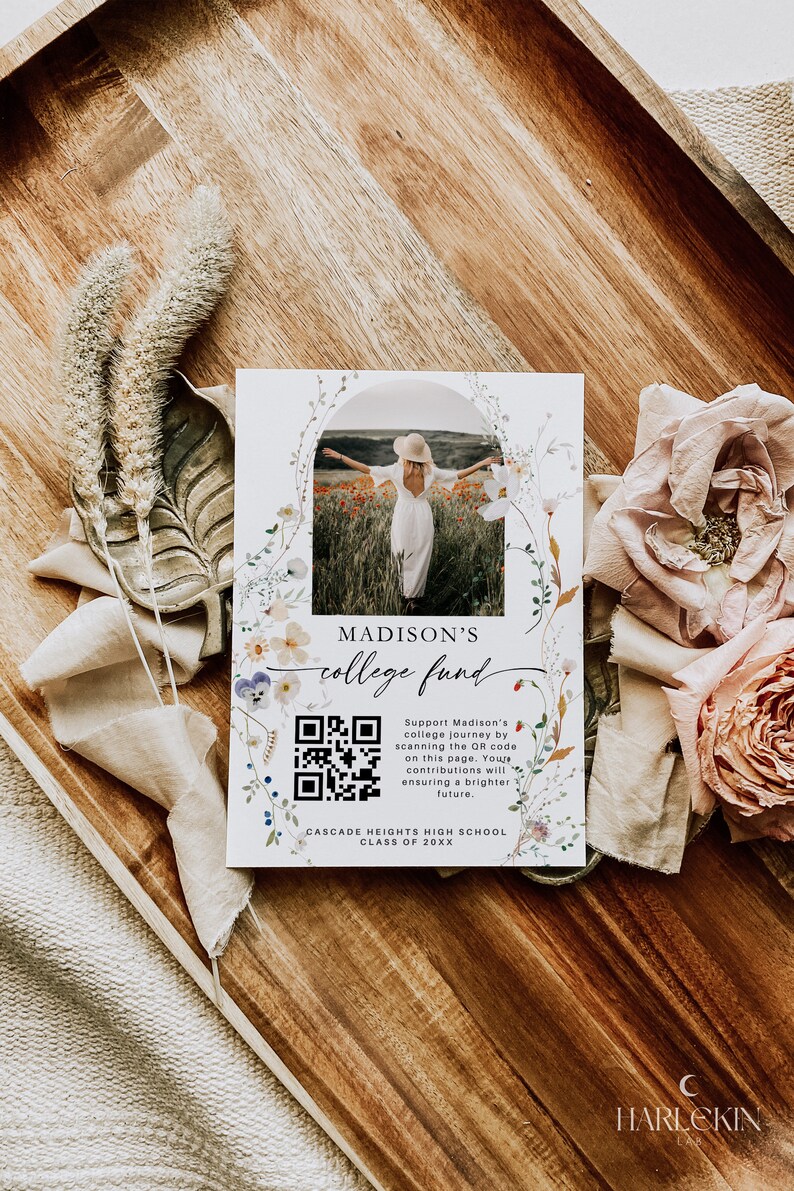 Editable Modern College Fund Card Template, DIY Photo Grad Party QR ...