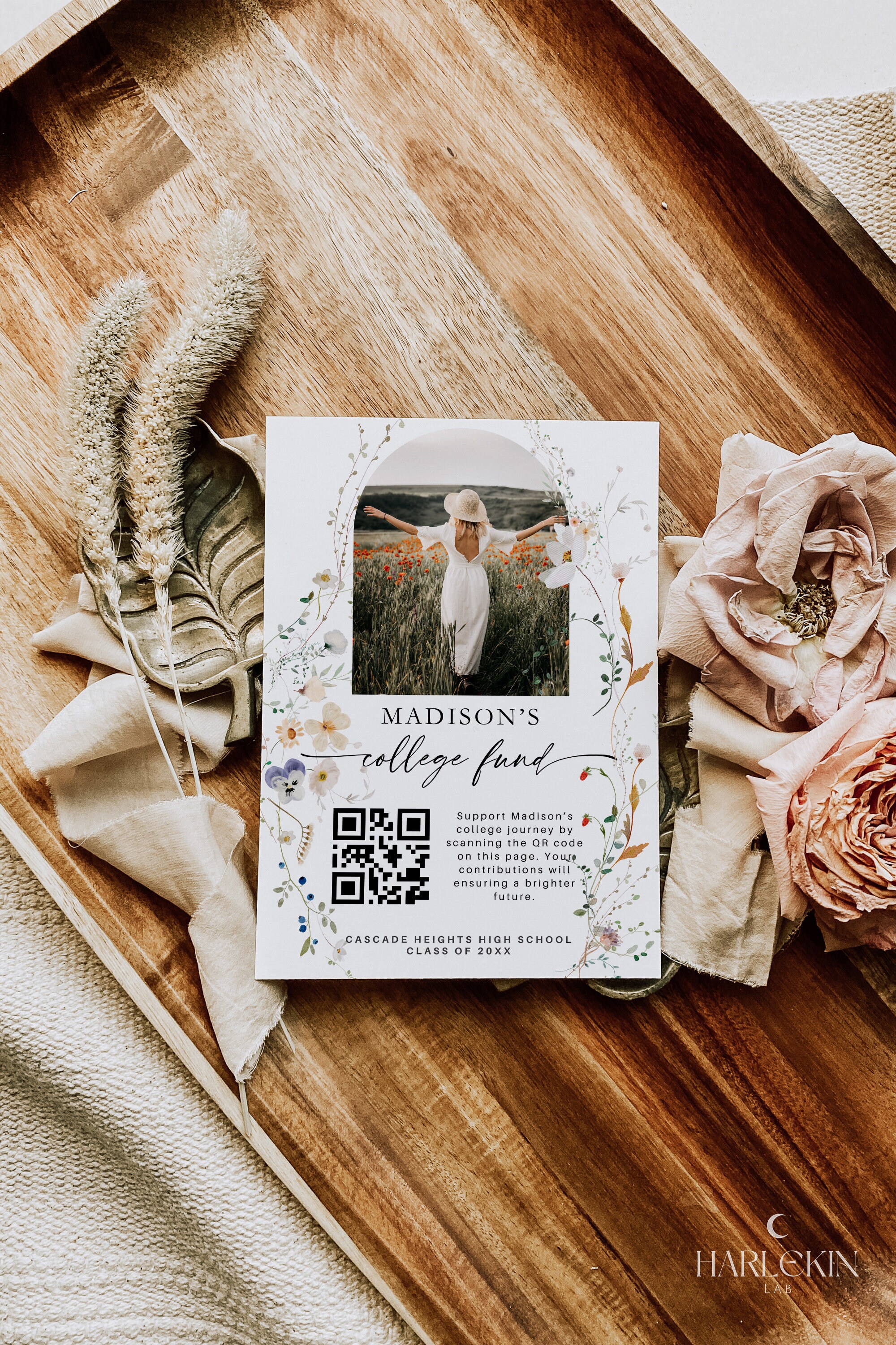 Editable Modern College Fund Card Template, DIY Photo Grad Party QR ...
