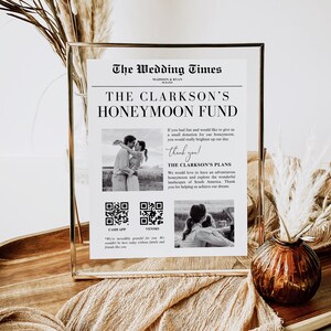 Modern Newspaper Honeymoon Fund Sign, Venmo Cash App QR Code Wedding ...
