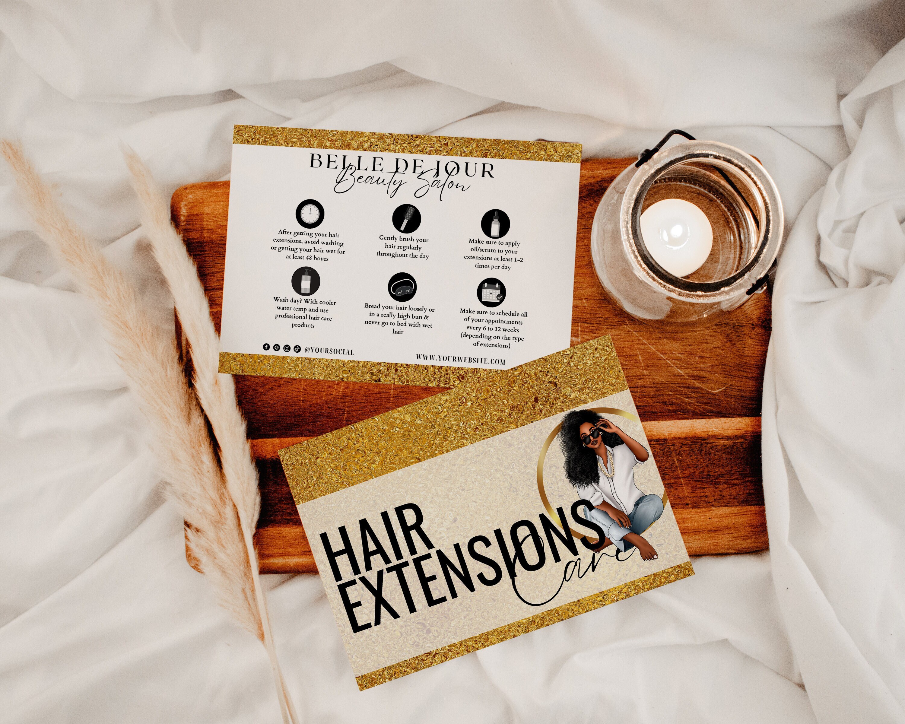 Hair Extension Aftercare Card Template, Editable Luxe Gold Care Card ...