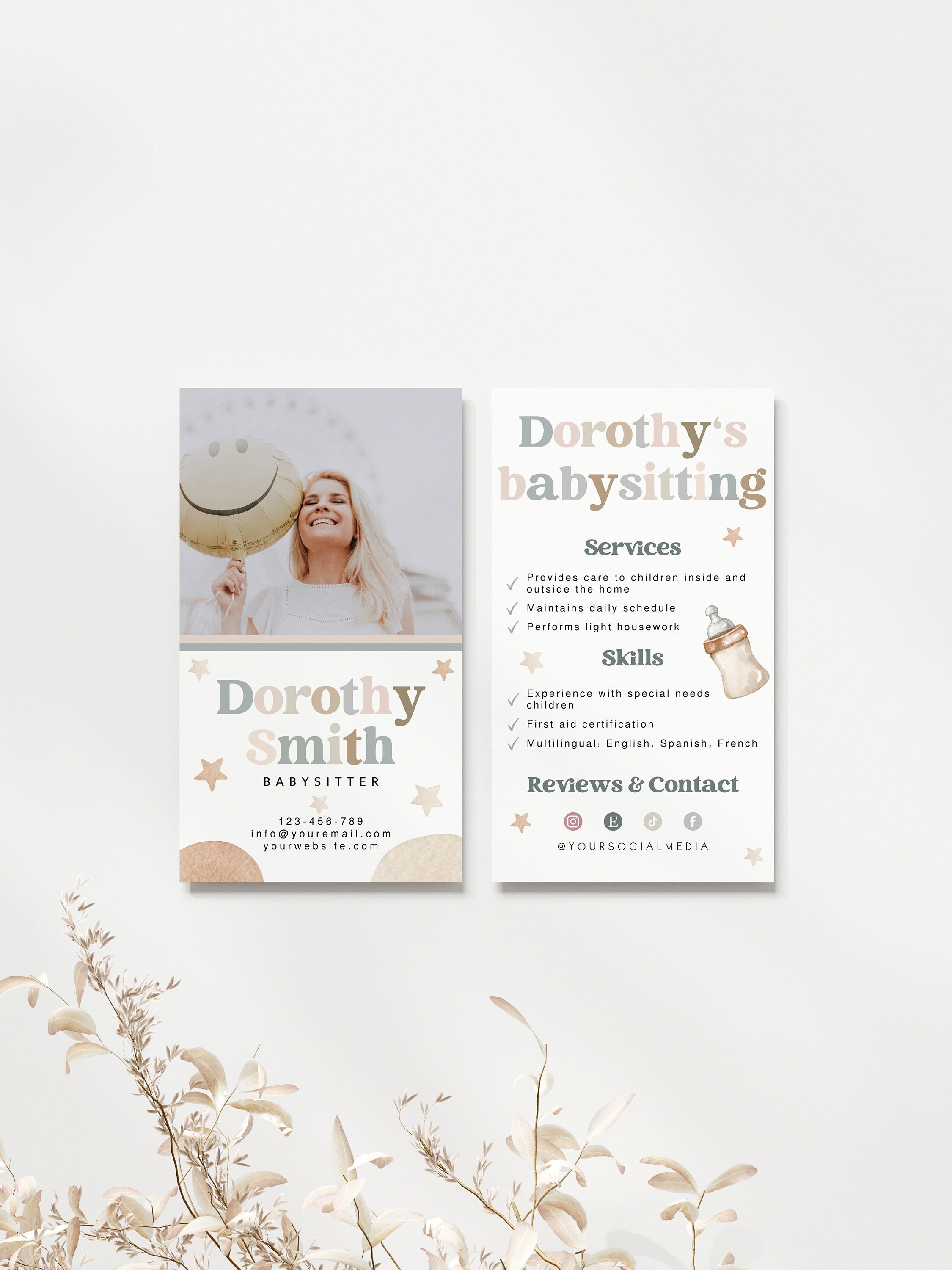 Editable Boho Babysitter Business Card, Minimalist Babysitting Name ...